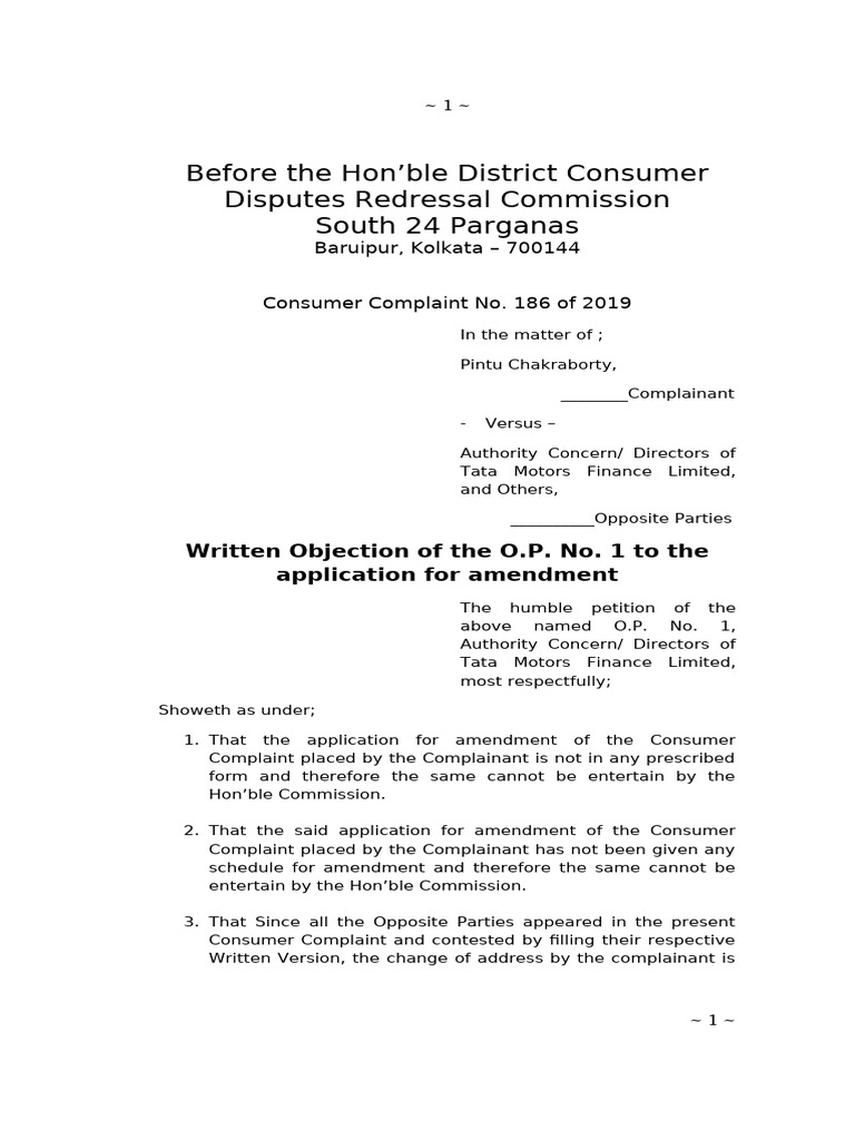 Written Objection To The Application For Amendment - Consumer - CC No ...