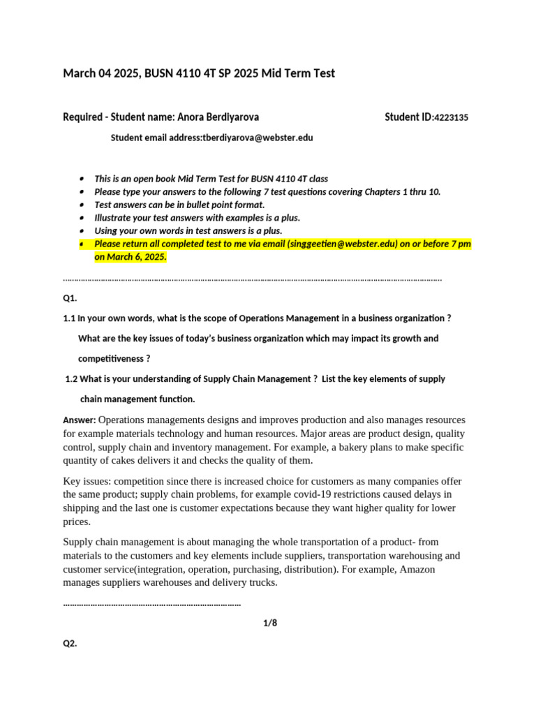 BUSN 4110 4T SP2025 Mid Term Test | PDF | Business | Business Process