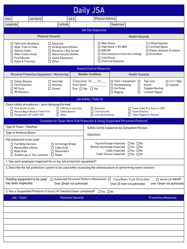 Contractor - Daily JSA Form Rev 4 | PDF | Occupational Safety And ...