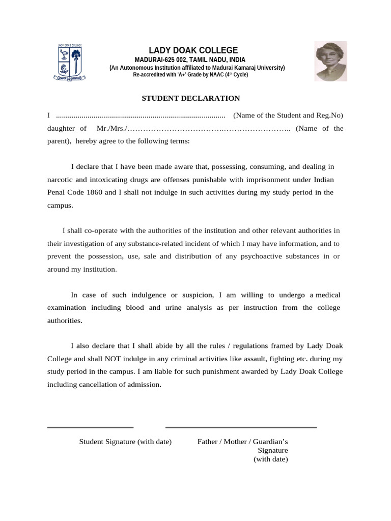 Anti-Drug Self Declaration by The Student - Nov18,2024 | PDF
