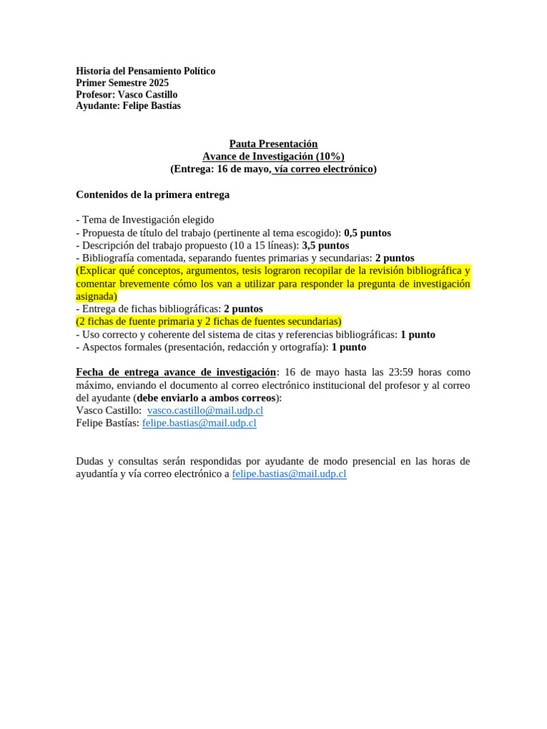 Pauta Avance Trabajo Investigación HPP 2025 | PDF