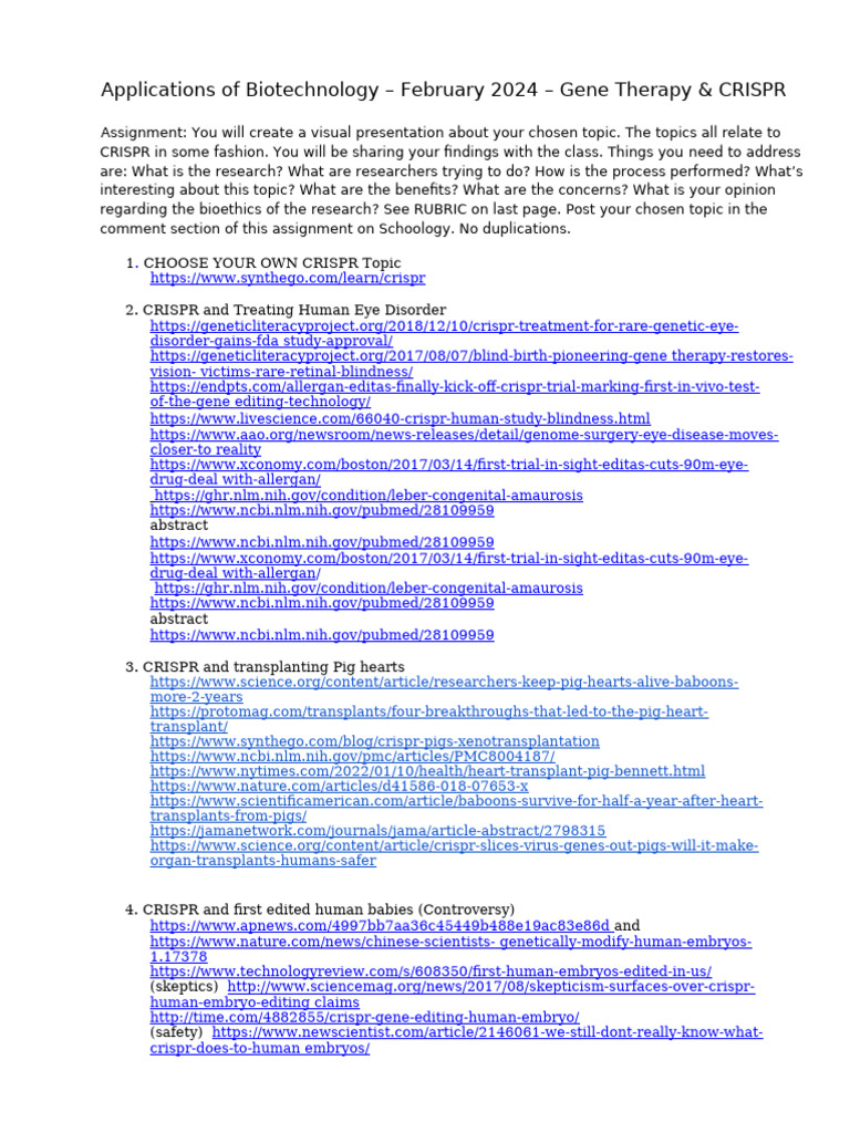 AP Bio Unit 6 Project Topics | PDF | Gene Therapy | Crispr