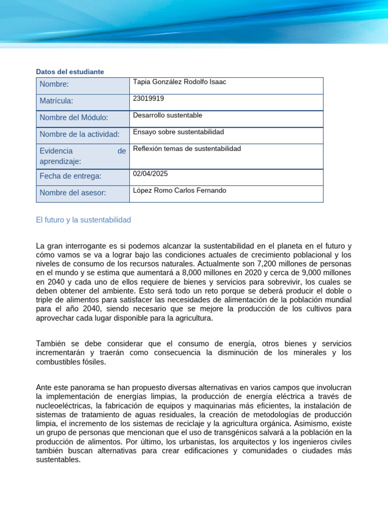 Tapia Rodolfo Reflexión Temas Sustentabilidad | PDF | Sustentabilidad | Alimentos