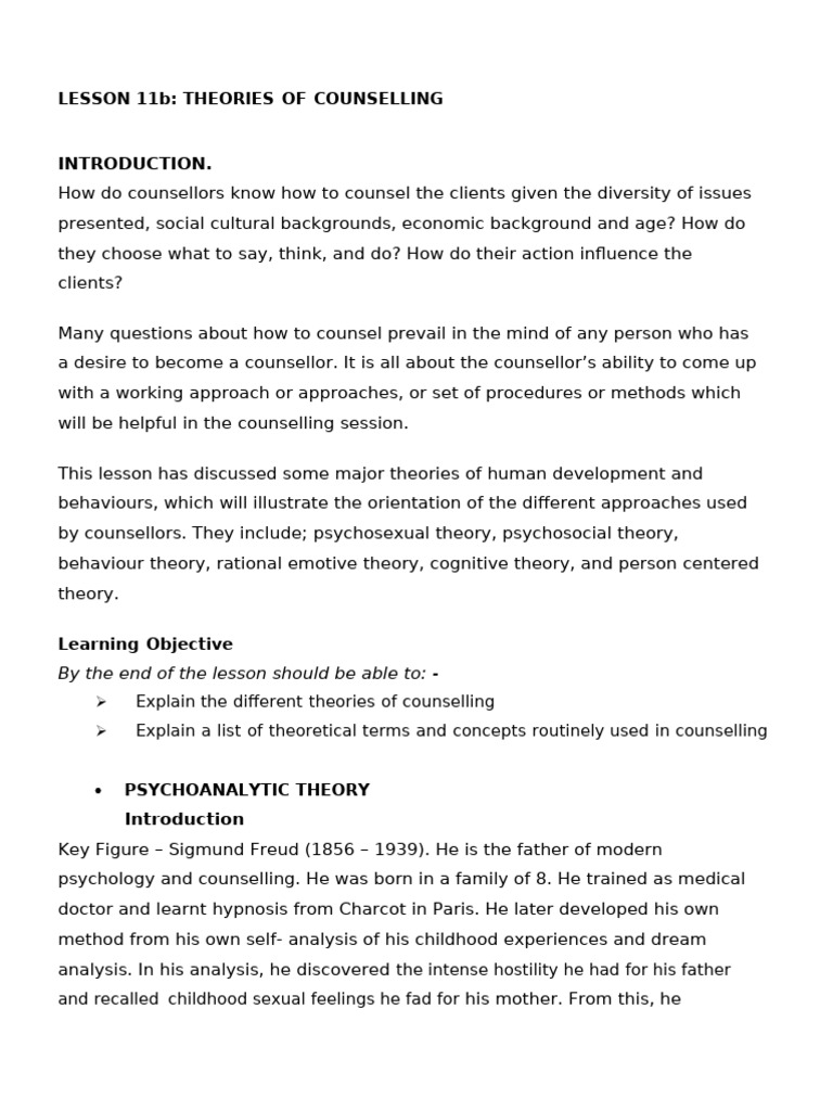 LESSON 11b - THEORIES OF COUNSELLING | PDF | Psychotherapy | Behaviour Therapy