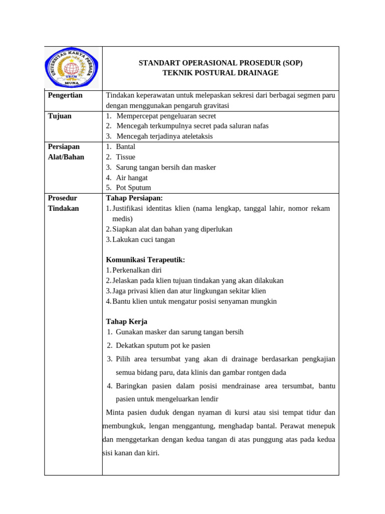 SOP Teknik Postural Drainase Paru | PDF