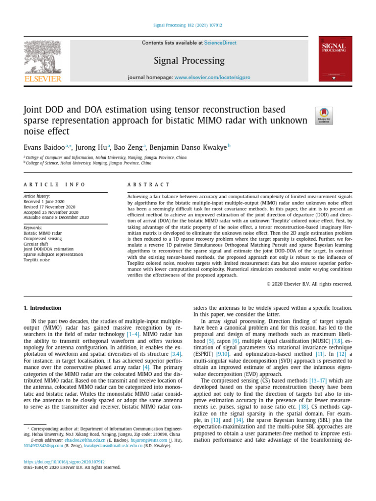 2021_Joint DOD and DOA estimation using tensor reconstruction based sparse_Baidoo et al | PDF ...