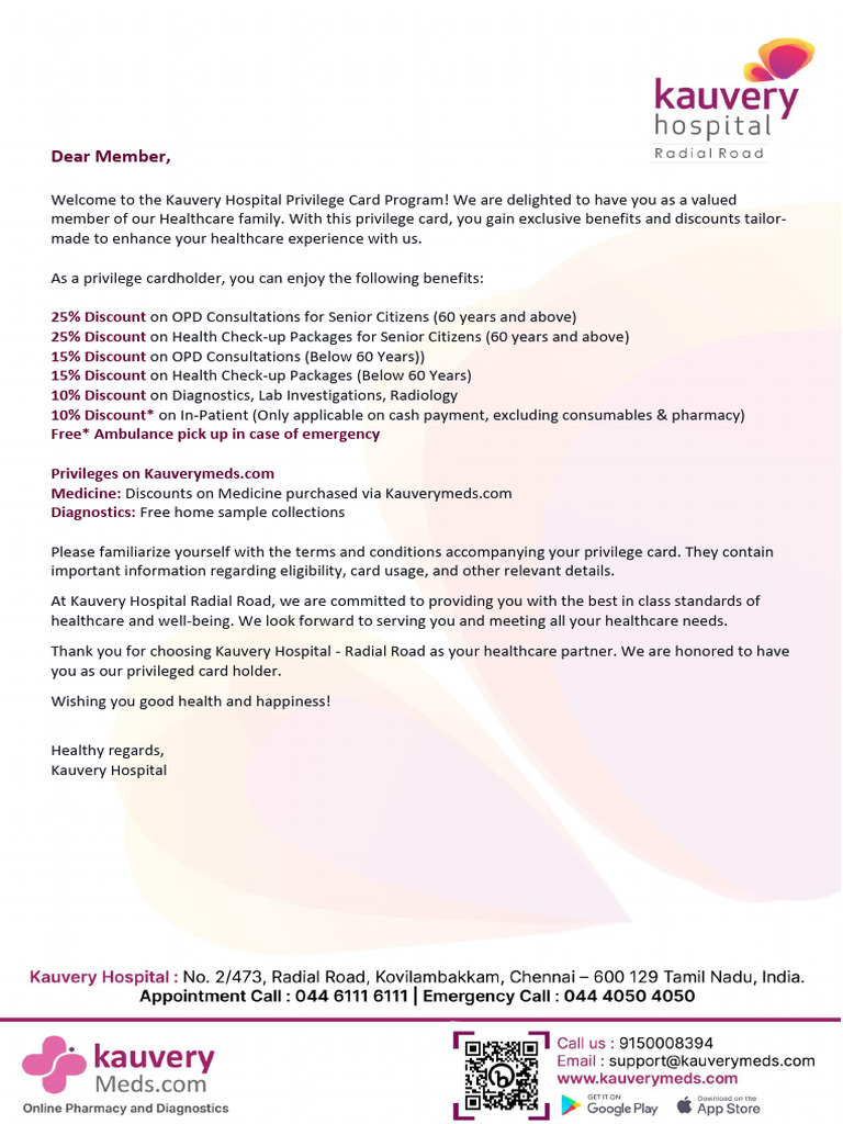 Privileges At Kauvery Hospital Radial Road - T&C | PDF | Discounts And ...