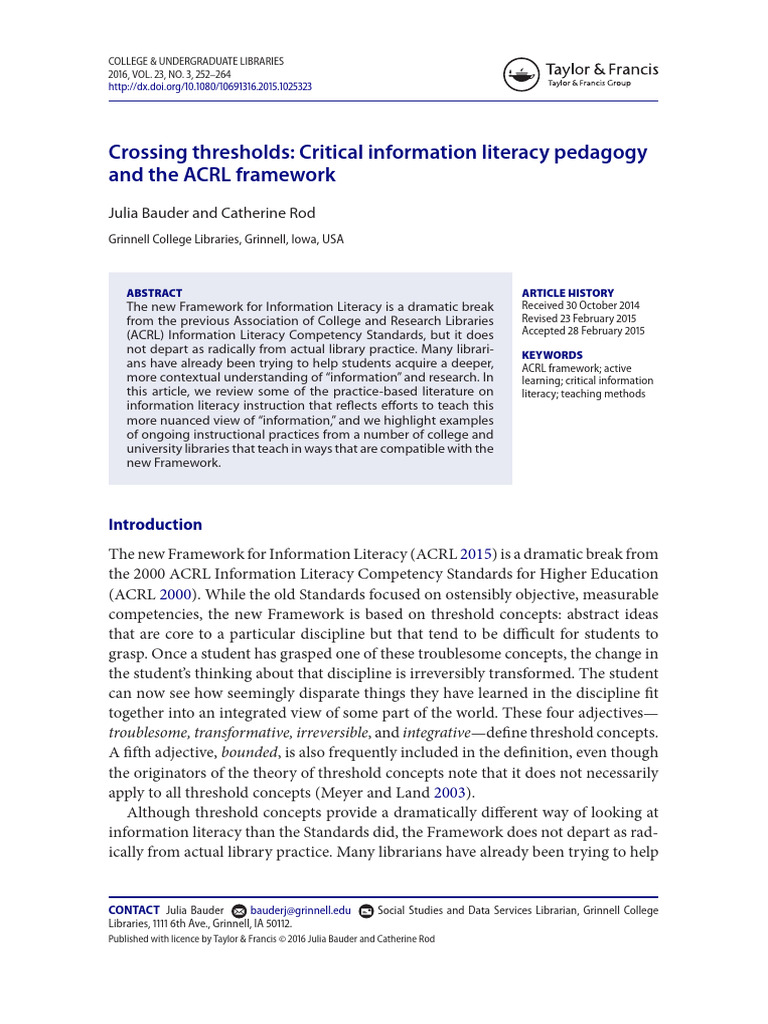 Crossing Thresholds Critical Information Literacy Pedagogy and The ACRL ...