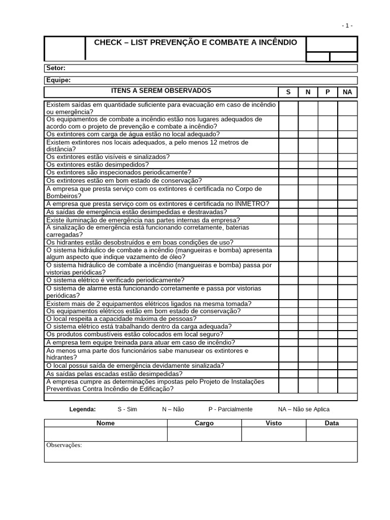 CheckList Prevenção e Combate A Incêndio Harsco | PDF