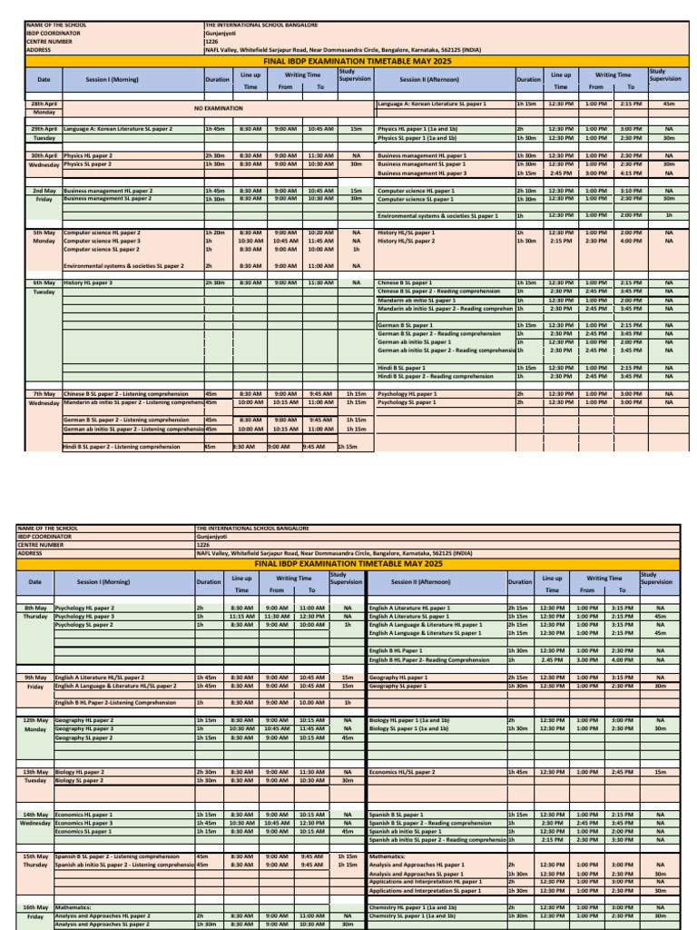 IBDP Examination May 2025 timetable with SS (1) | PDF