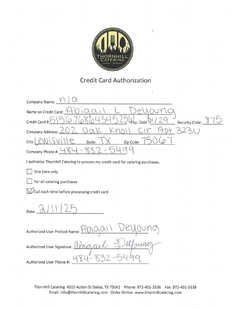 CC Auth - Thornhill Catering | PDF
