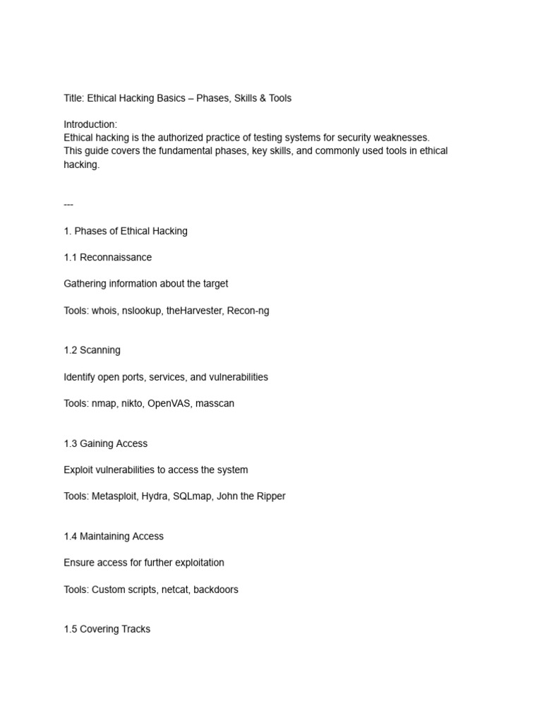 Ethical Hacking Basics - Phases, Skills & Tools | PDF