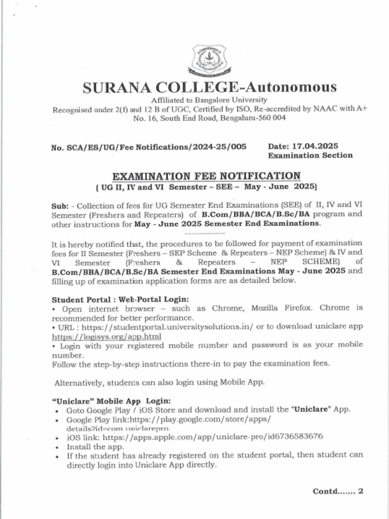 II, IV and VI Semester Examination Fee Notifications | PDF