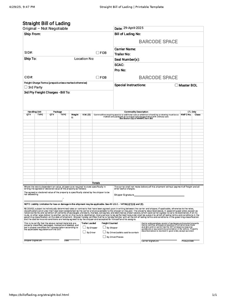 Straight Bill of Lading Template PDF | PDF | Cargo | Bill Of Lading