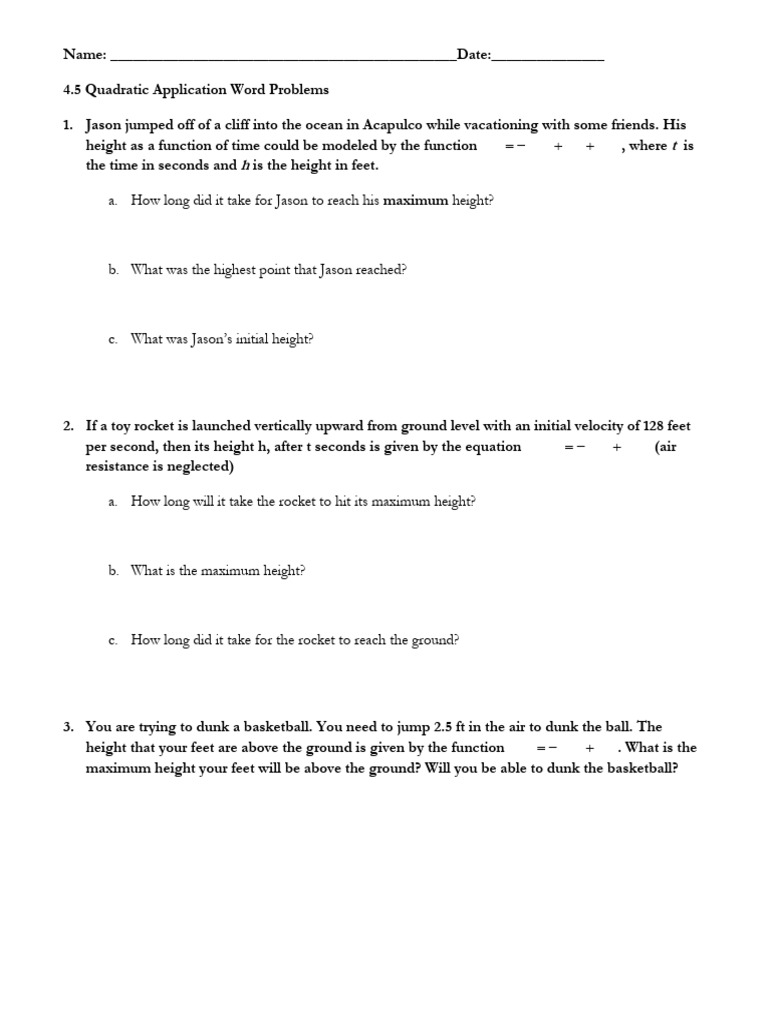 IMC 4.5 Applications of Quadratics Ws | PDF