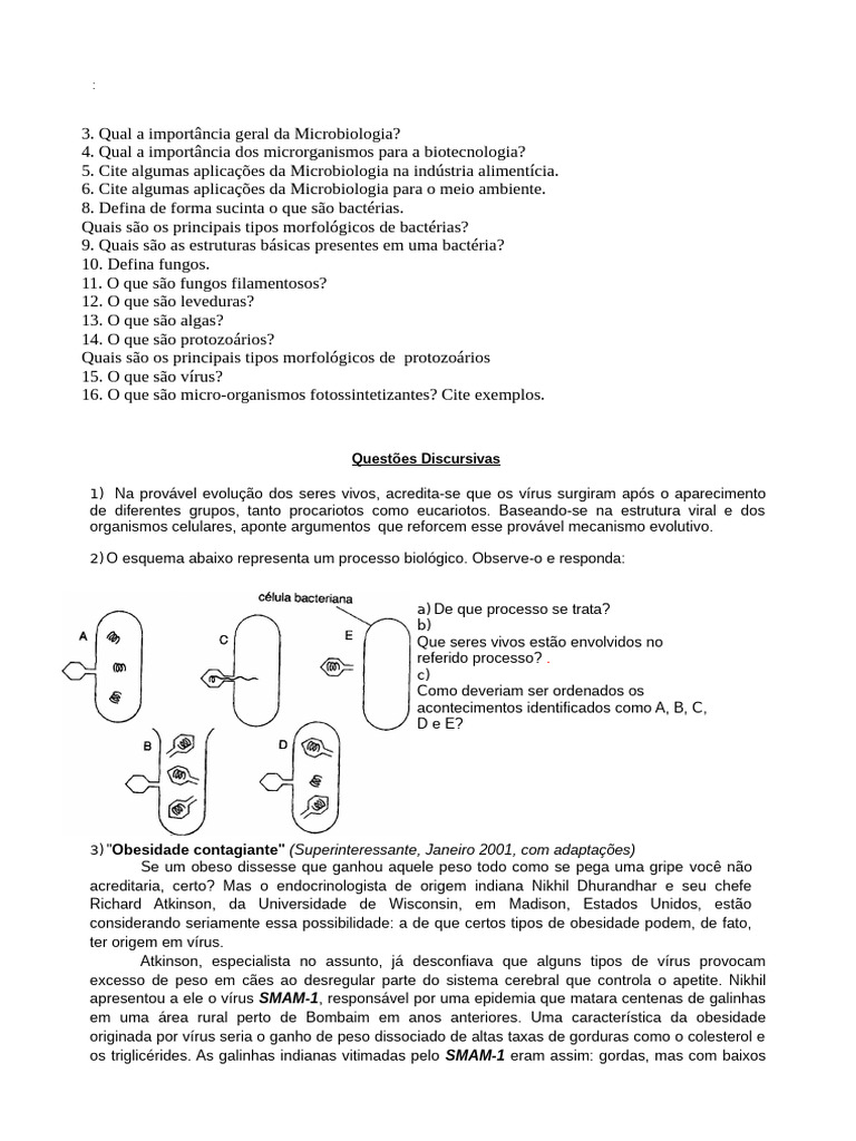 Atividades Para o 3º Médio microbiologia | PDF | Bactérias | Vírus