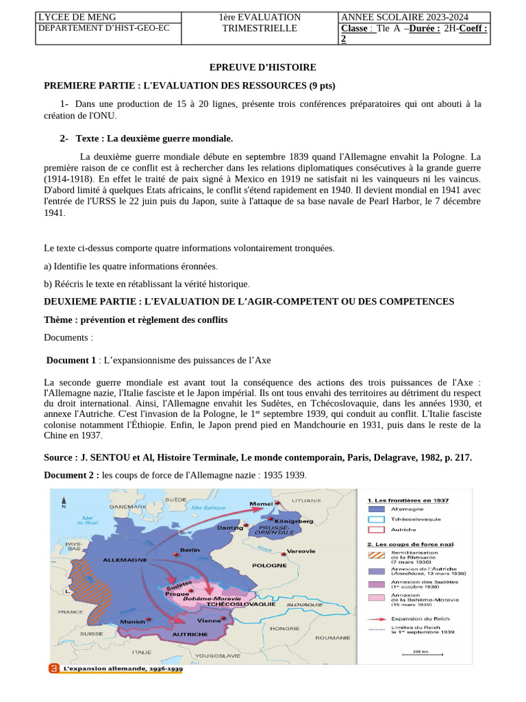 Évaluation d'Histoire-Géo Tle A 2023-2024 | PDF | Seconde Guerre ...