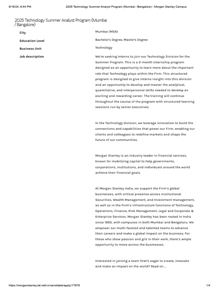 2025 Technology Summer Analyst Program (Mumbai - Bangalore) - Morgan Stanley Campus | PDF ...