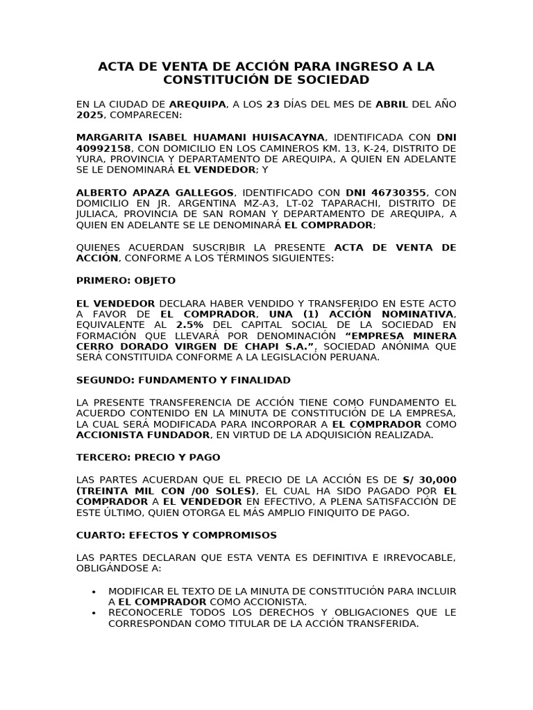 Acta de Venta de Acción para Ingreso A La Constitución de Sociedad | PDF