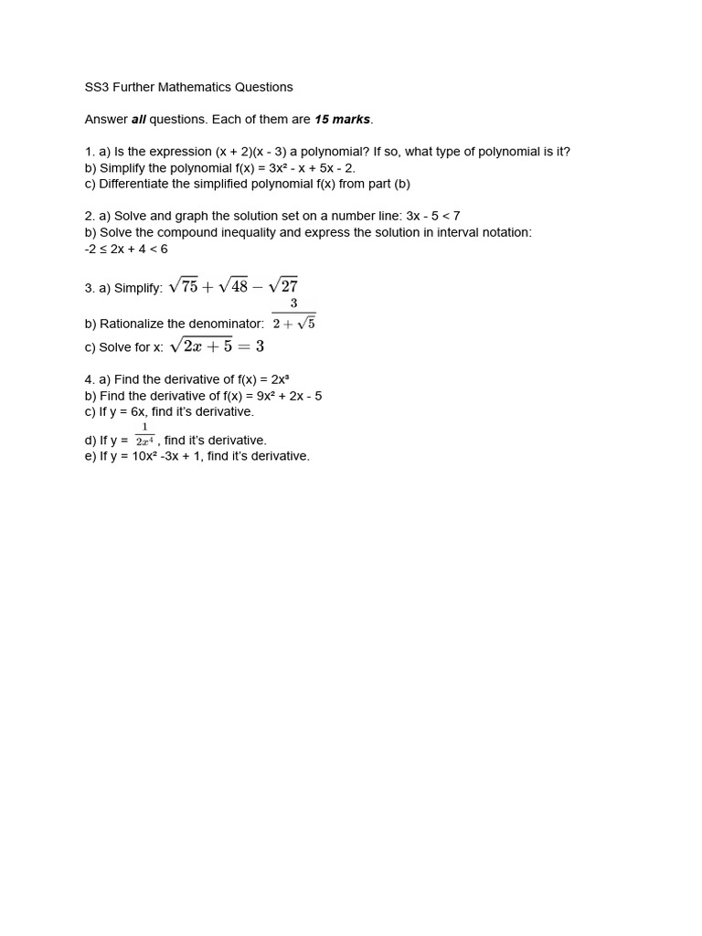 Further Mathematics Practice Questions | PDF