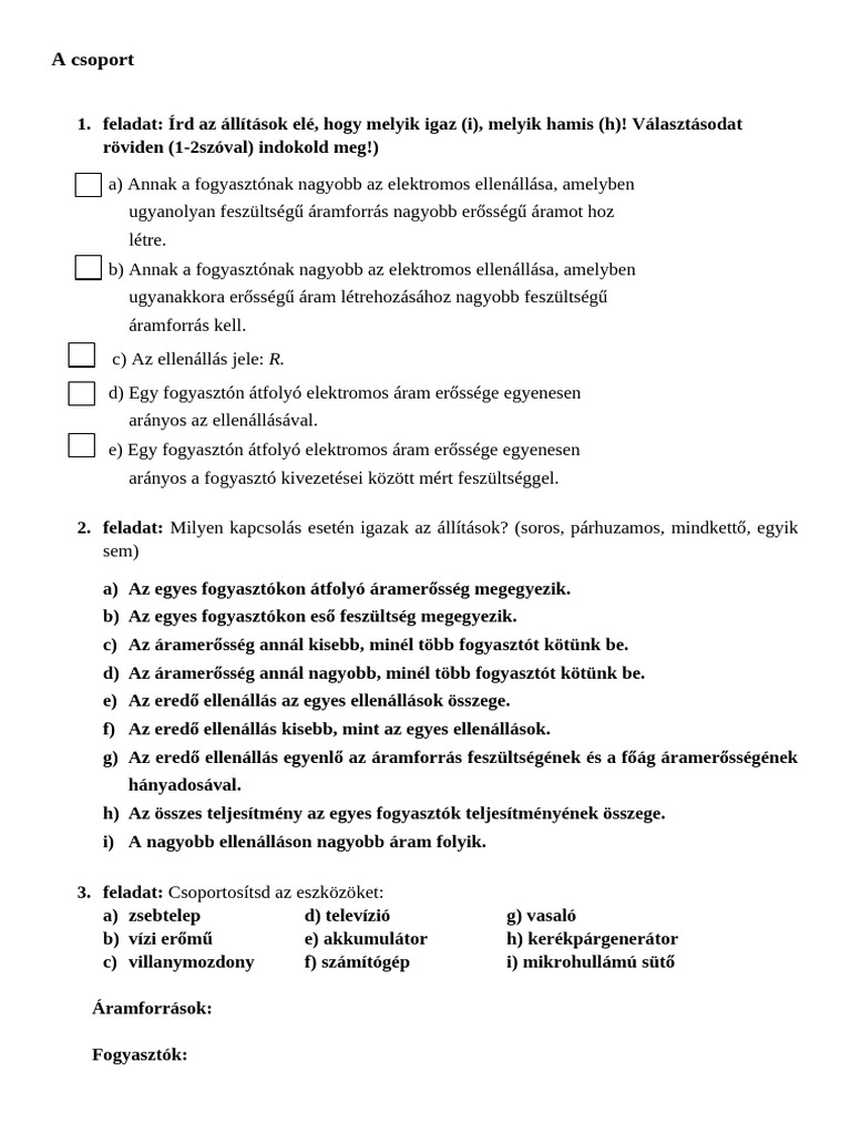 Egyenáram II. - Dolgozat (A) | PDF