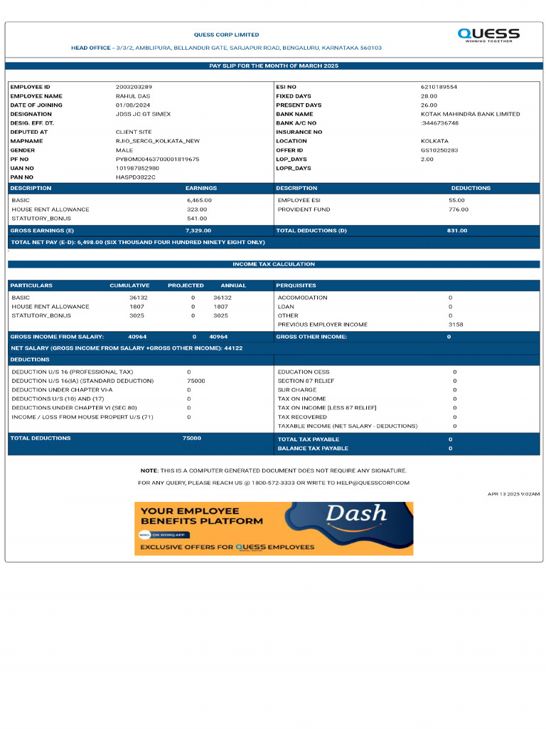 Rahul - Das - March 2025 - Salary Slip - March-2025 | PDF