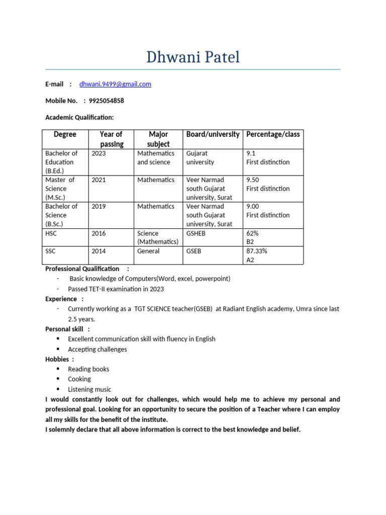 Dhwani Patel Resume | PDF