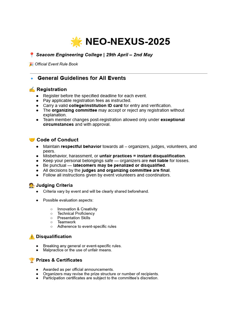 NEO-NEXUS 2025 Event Rule Book | PDF | Adhesive | Computer Programming