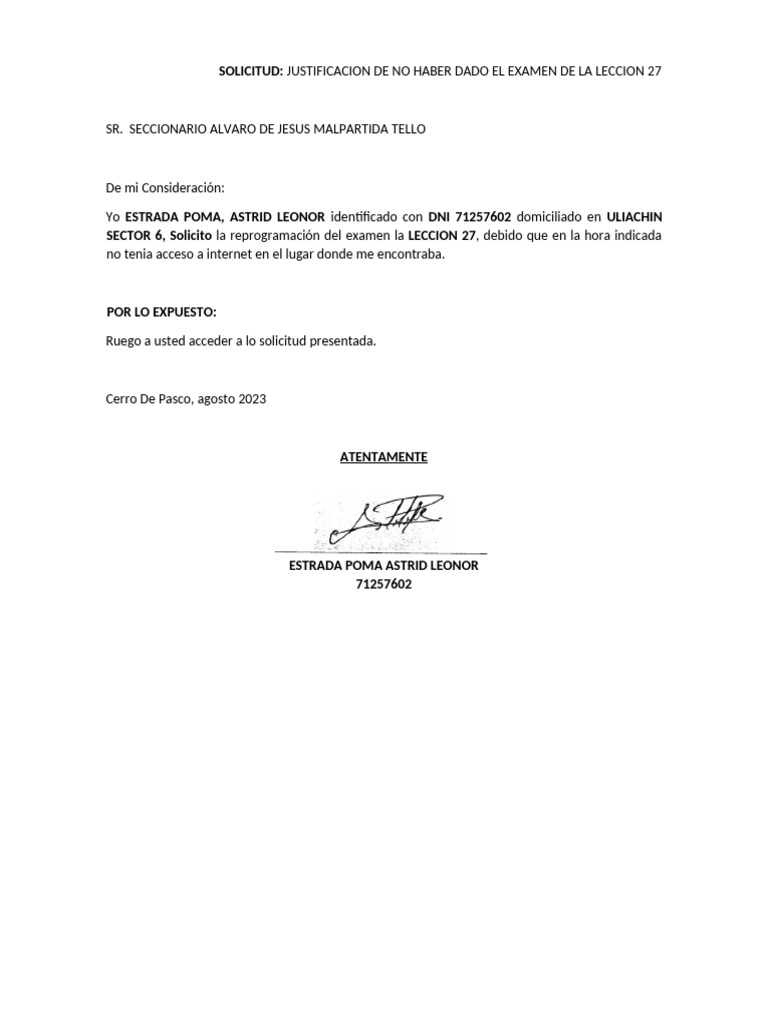 Solicitud para La Reprogramacion Del Examen | PDF