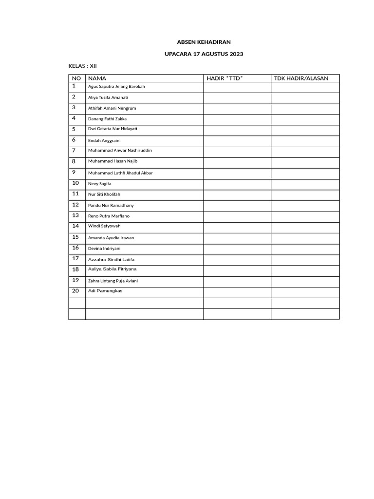 Absen Kehadiran Upacara 17 Agustus | PDF