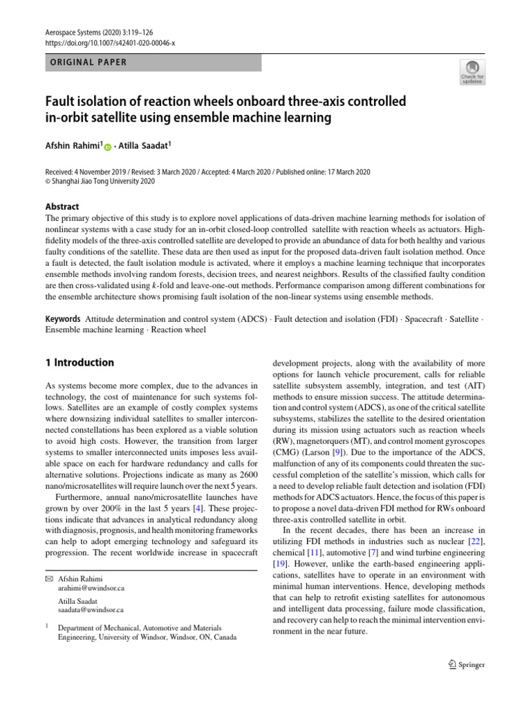 Fault Isolation of Reaction Wheels Onboard Three-Axis Controlled In ...