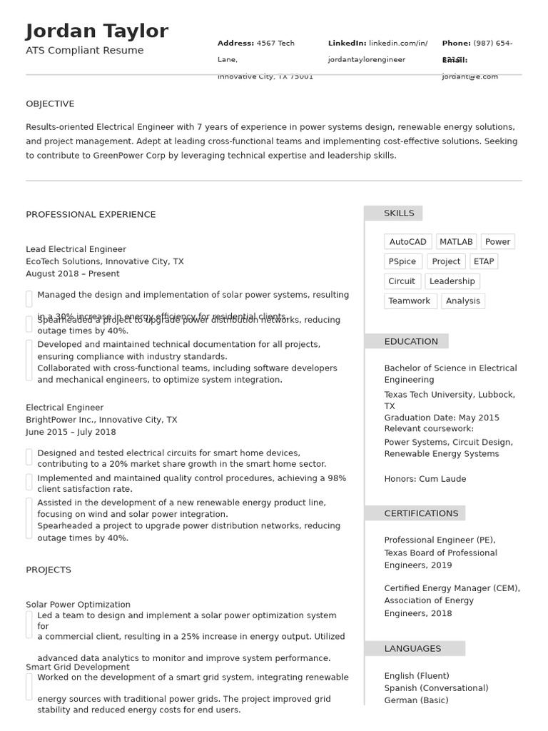 ATS Compliant Resume 15071 | PDF | Smart Grid | Electrical Engineering