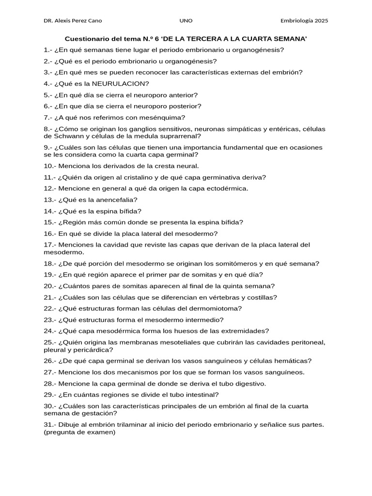 Cuestionario Del Tema N 6 Embrio | PDF