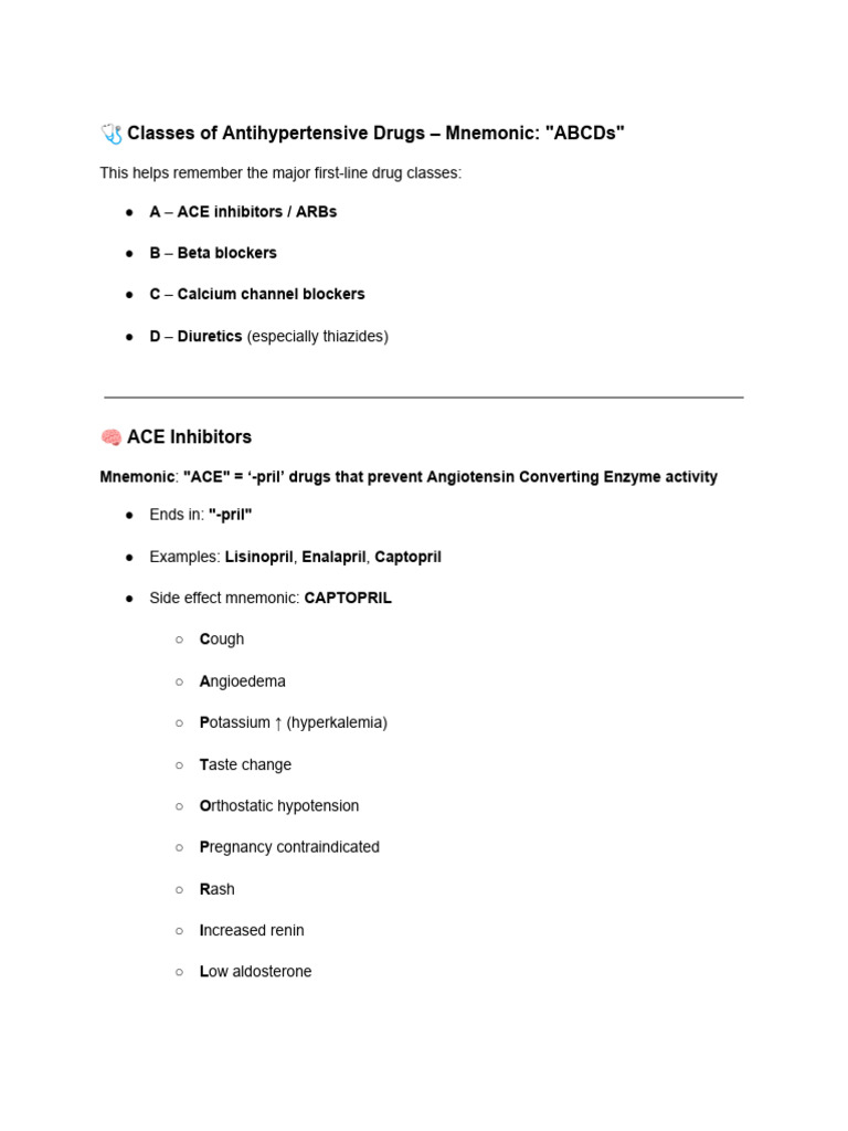 Antihypertensive Drug Classes Mnemonics | PDF