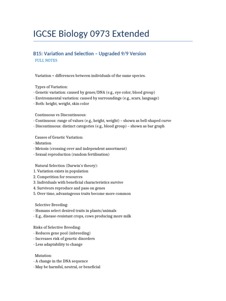 IGCSE Biology B15 Upgraded TopicGuide | PDF | Genetic Diversity | Natural Selection