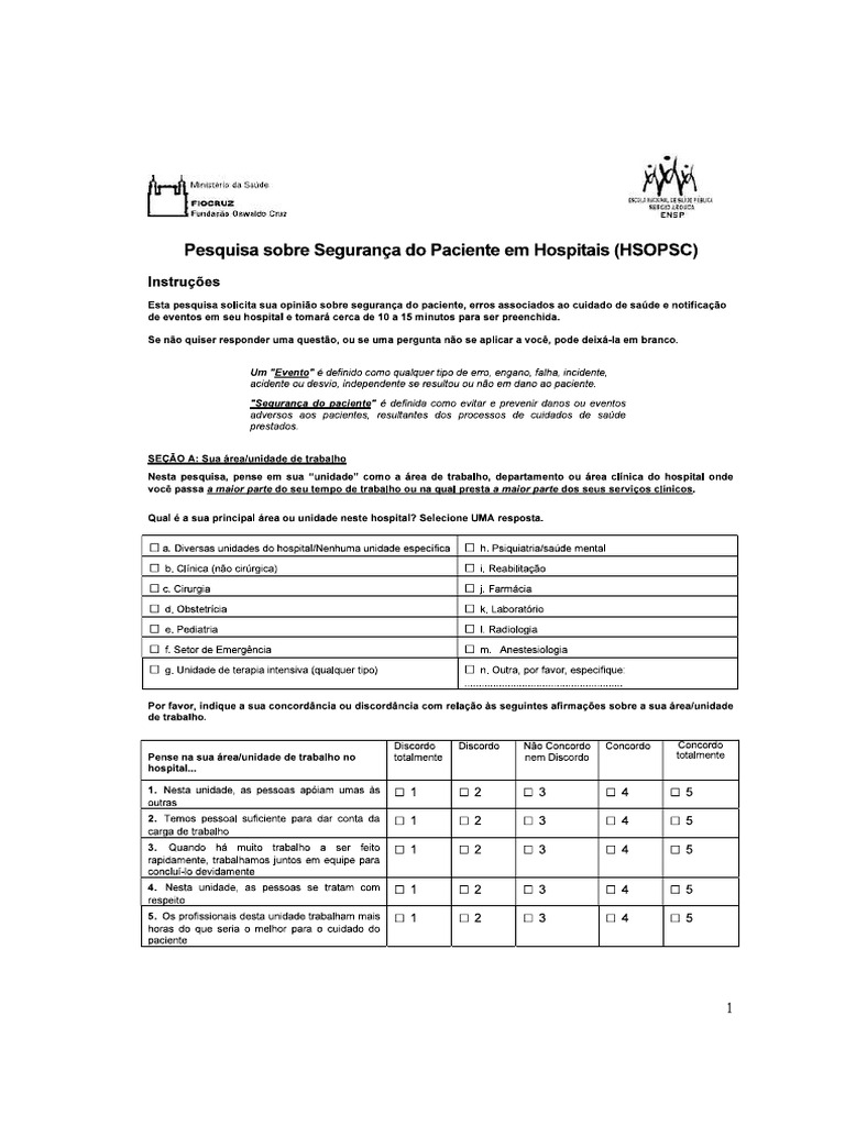 HSOPSC Pesquisa Sobre Segurança Do Paciente em Hospitais | PDF