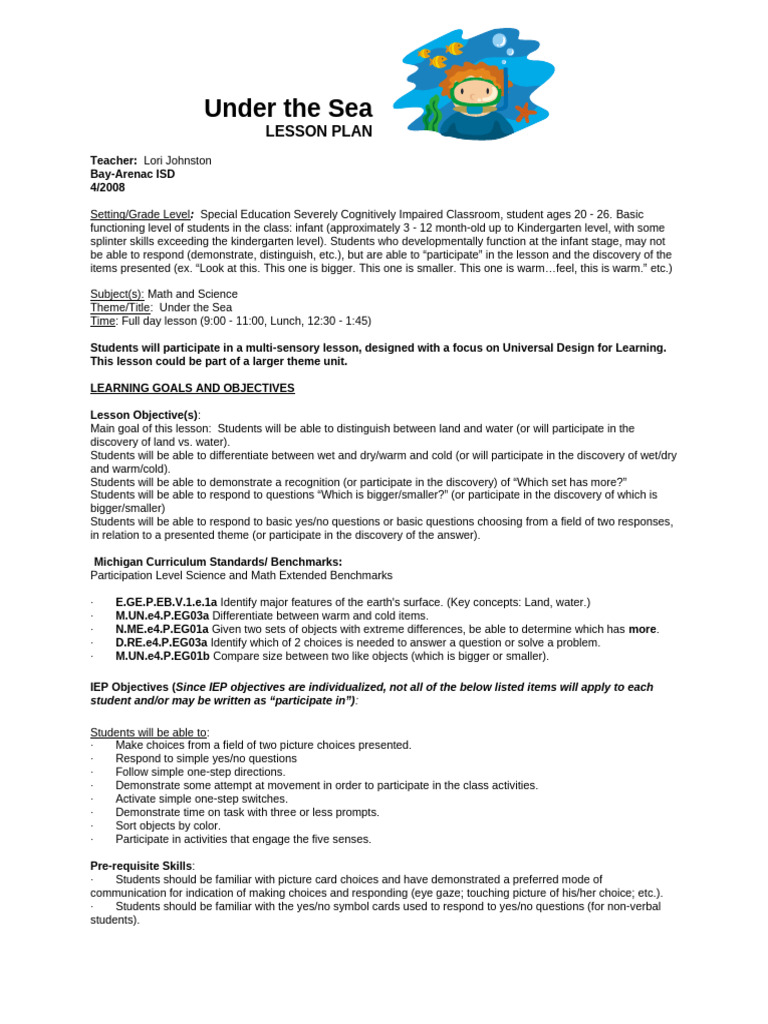 Under The Sea Lesson Plan | PDF | Nonverbal Communication | Senses