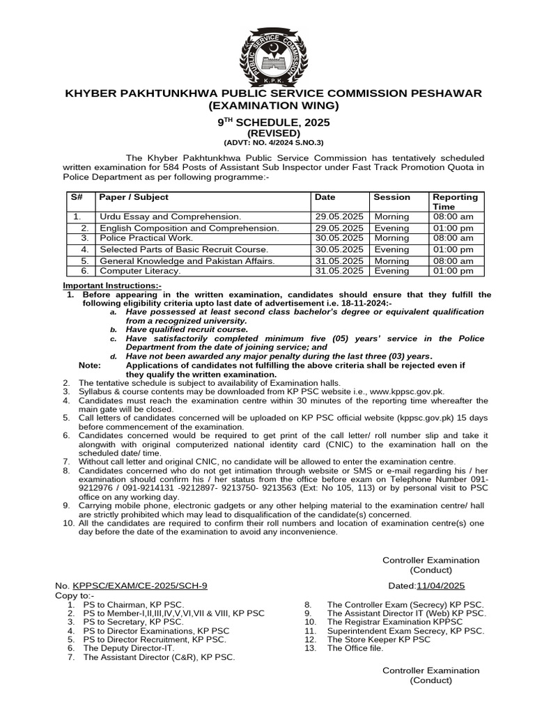 Written Exam ASI Fast Track 9th Schedule May 2025 | PDF