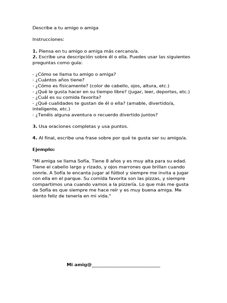 Describe a tu amigo o amiga | PDF