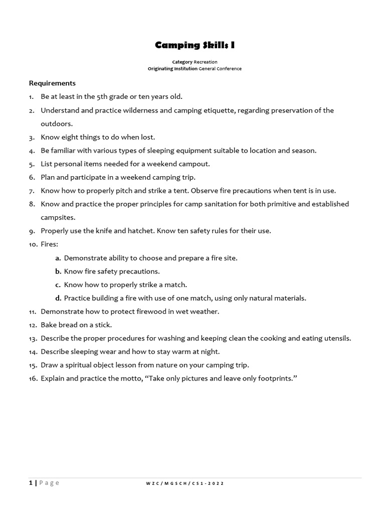 Camping Skills I Requirements and Guidelines | PDF