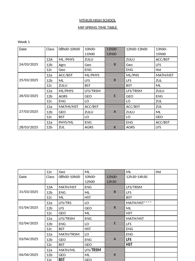 Spring Time Table 2025 | PDF