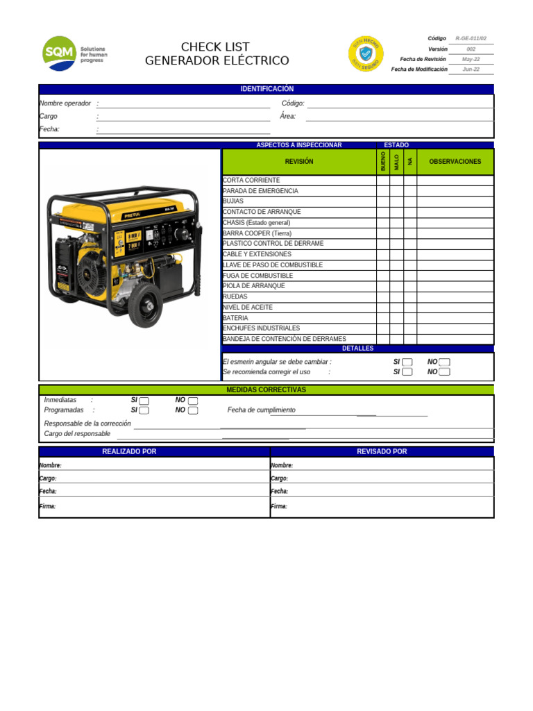 Inspección Generador Eléctrico: Checklist | PDF
