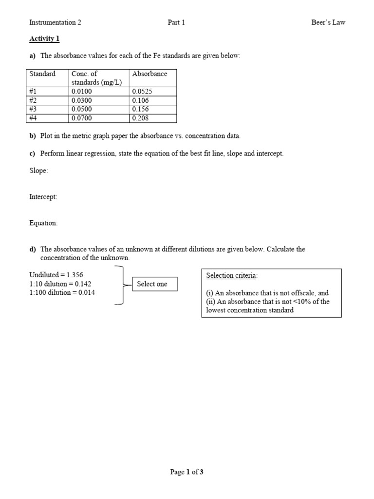 1 Part 1 Beer Law Handout & Activities Instr 2 | PDF | Absorbance ...