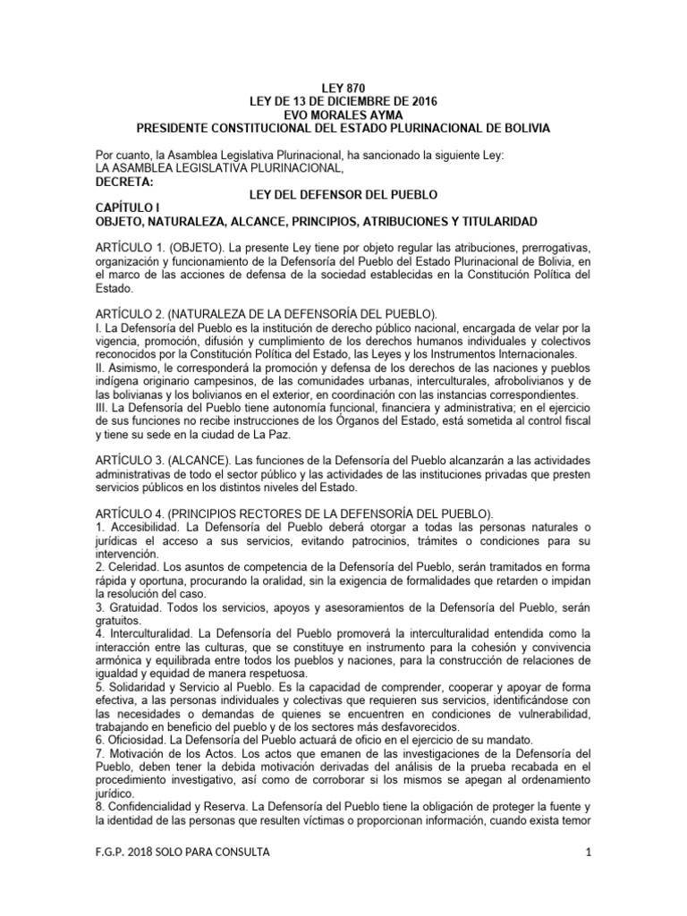 Ley #870 Del Defensor Del Pueblo | PDF | Bolivia | Parlamento