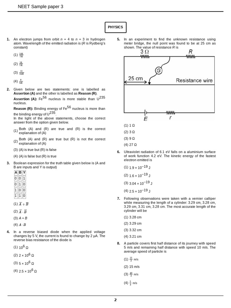 NEET Sample Question Paper 3 | PDF | Gases | Force