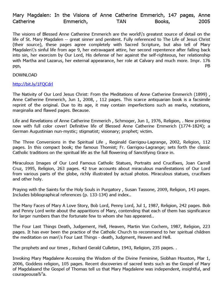 Mary Magdalen in The Visions of Anne Catherine Emmerich | PDF | Mary ...