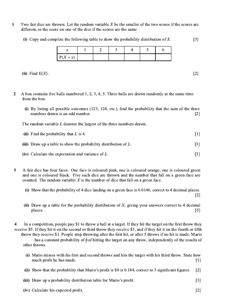 Discrete Random Variables Worksheet | PDF