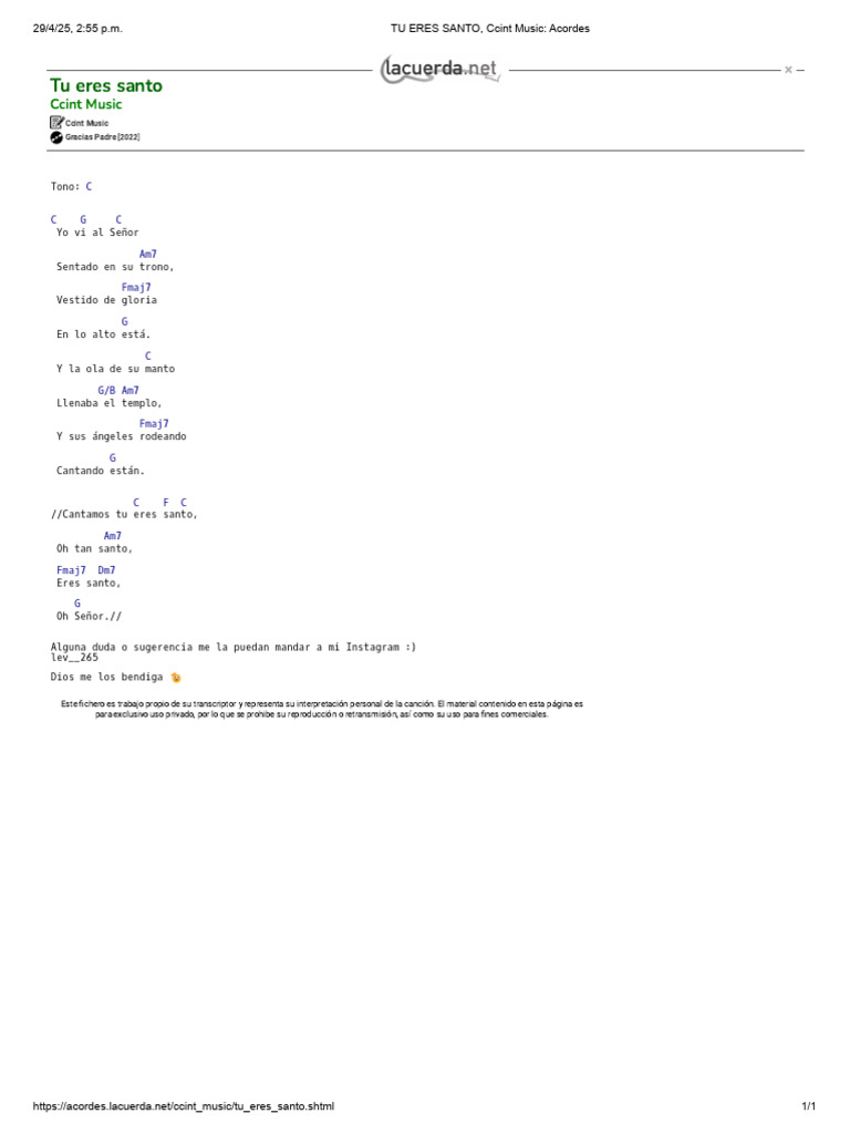 TU ERES SANTO, Ccint Music - Acordes | PDF