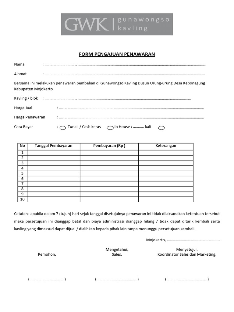 FORM PENGAJUAN PENAWARAN gwk | PDF