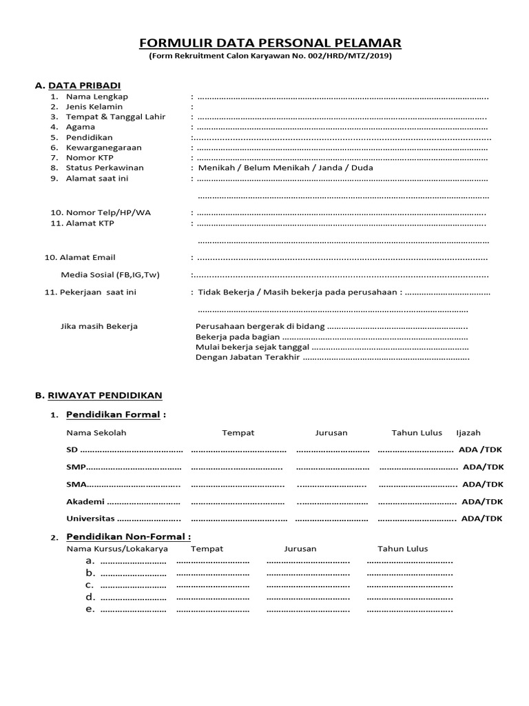 Form Formulir Lamaran Kerja New Update Pdf